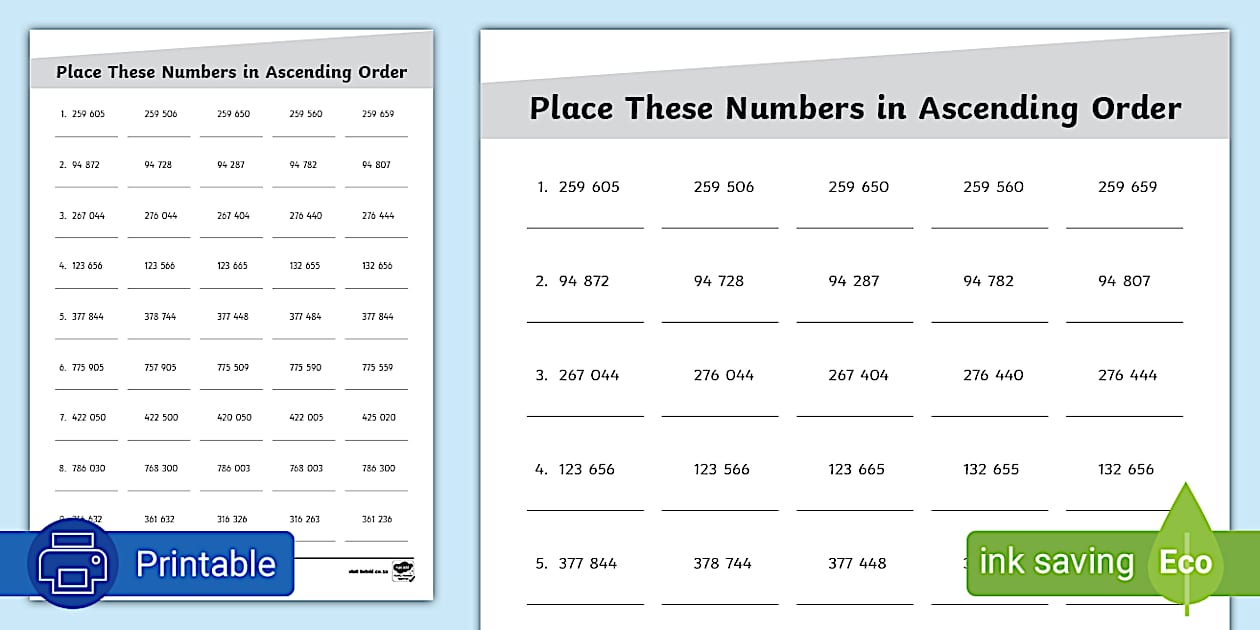 Place These Numbers in Ascending Order Activity Sheet