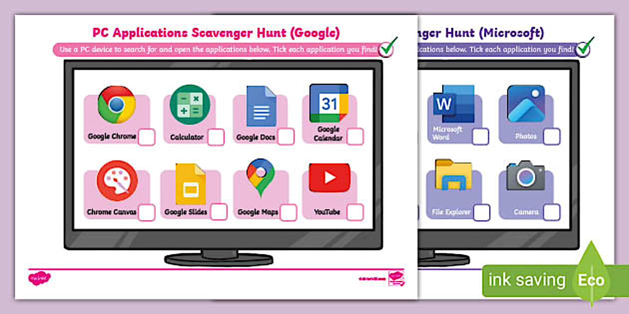 KS1 PC Applications Scavenger Hunt Activity Sheet - Twinkl