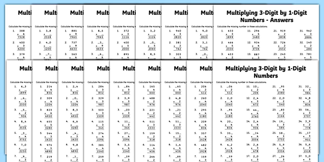 3-Digit x 1-Digit Multiplication Missing Numbers Worksheets