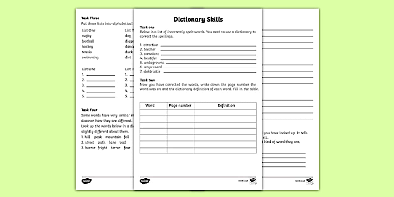 Editable Dictionary Skills Worksheet (teacher made) - Twinkl