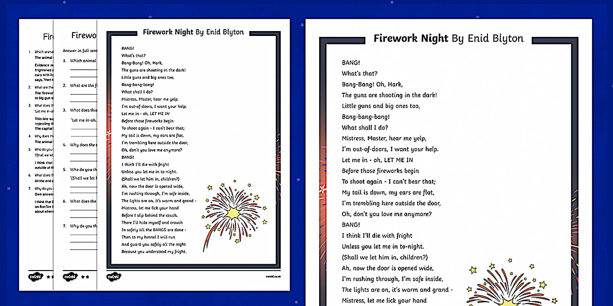 Firework Night Poem By Enid Blyton - Reading Comprehension