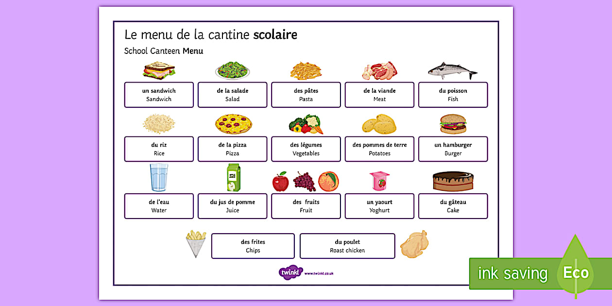 School Canteen Food and Drinks Word Mat French - Twinkl