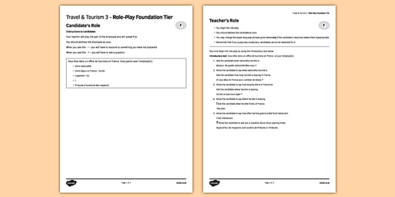 Travel and Tourism 3 GCSE Foundation Tier Role-PLay French