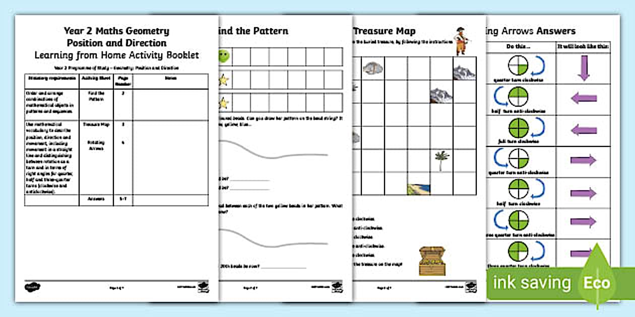 Black and White Year 2 Maths Geometry: Position and Movement Home Learning