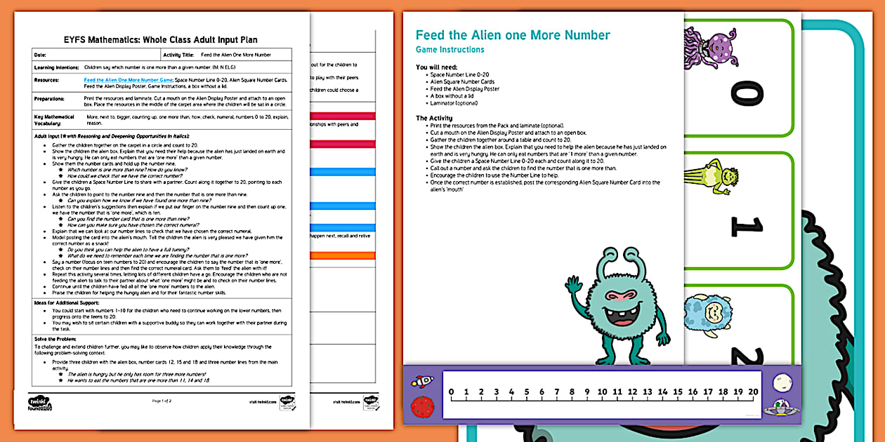 EYFS Maths: Feed the Alien One More Number Whole Class Adult Input Plan and