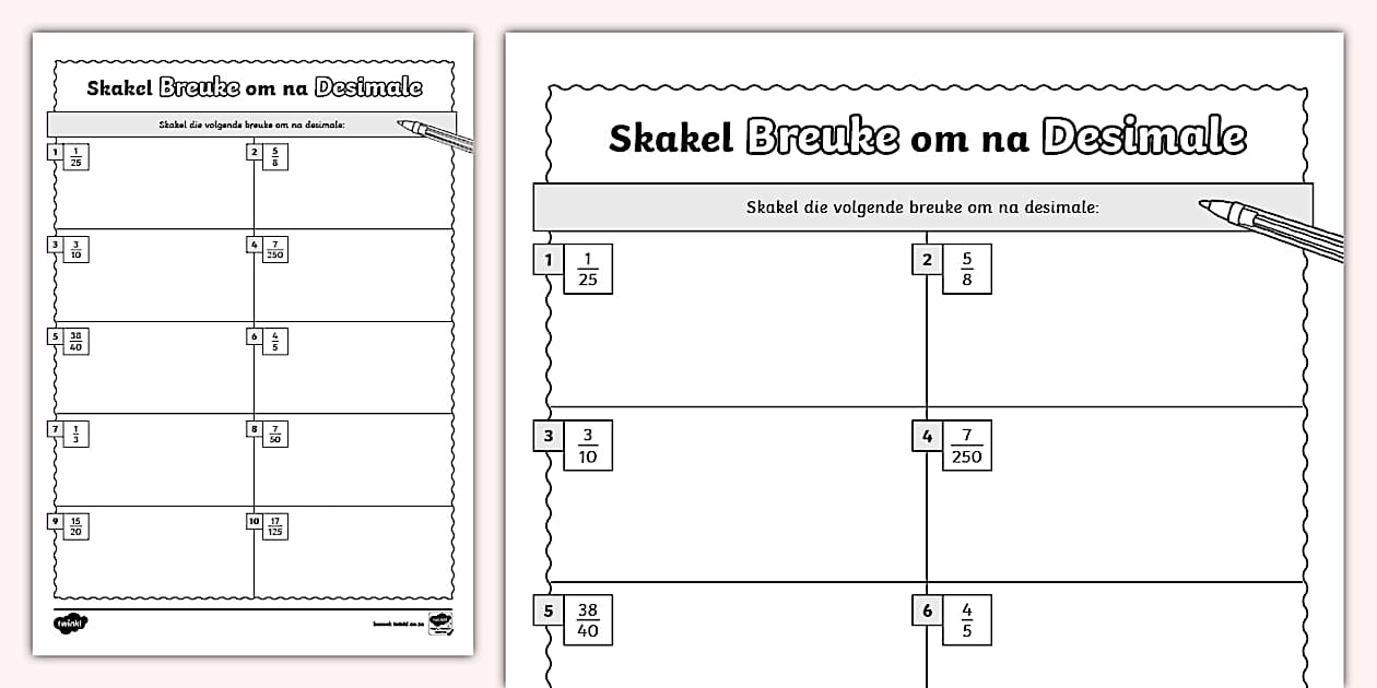 Graad 7 Wiskunde: Skakel breuke om na desimale - Twinkl