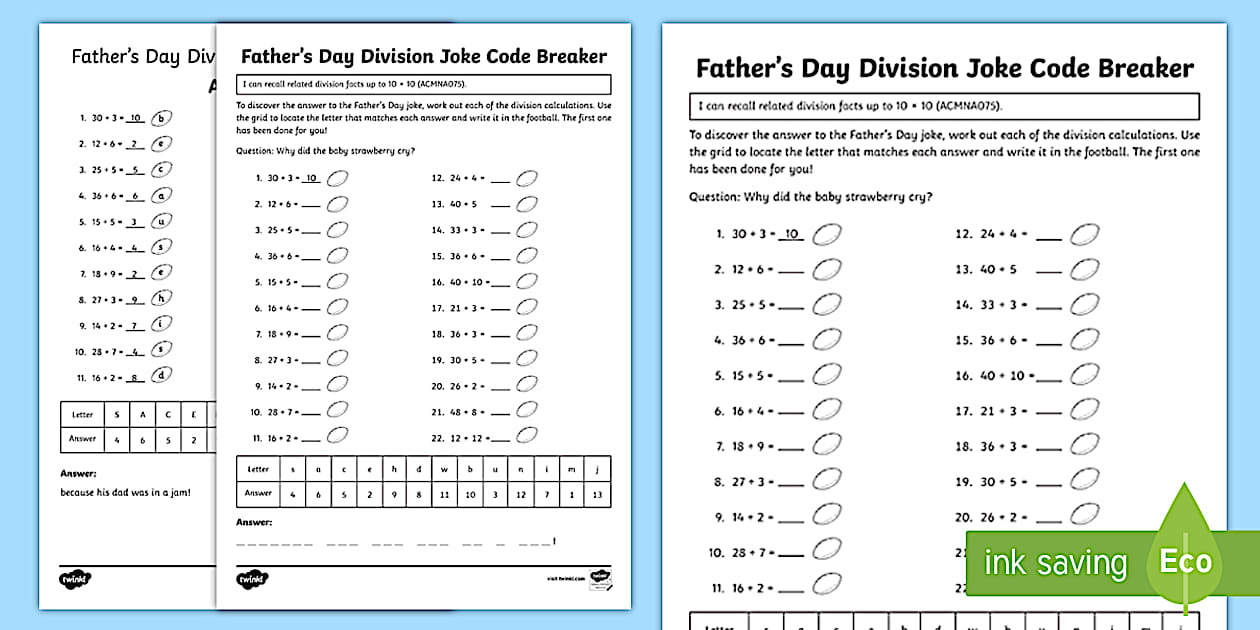 Father's Day Division Joke Code Breaker Worksheet