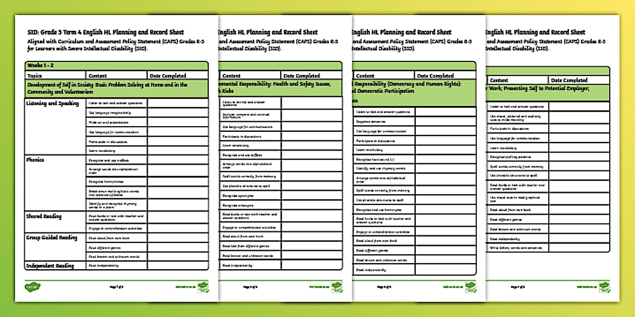 SID: Grade 5 Term 4 English HL Planning and Record Sheet