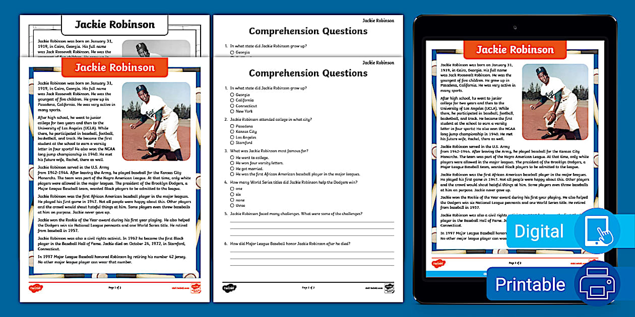 Fourth Grade Jackie Robinson Reading Comprehension Worksheet