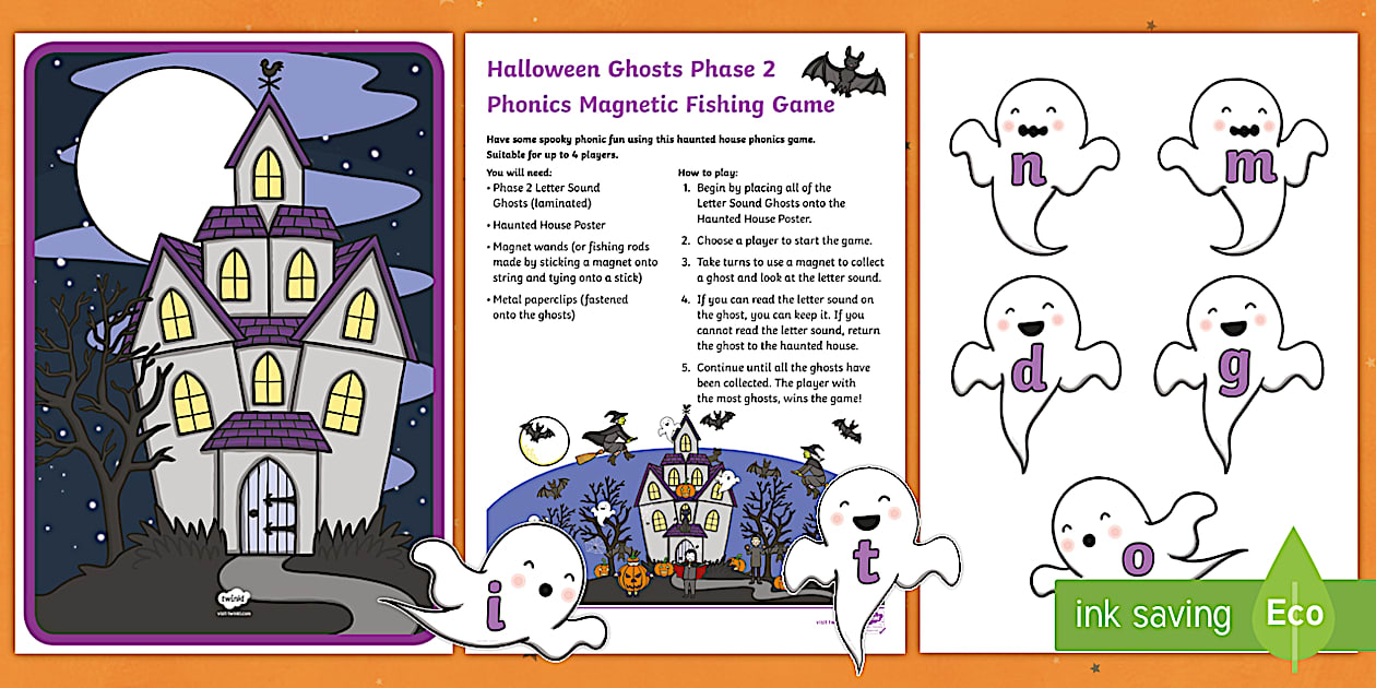 Black and White Halloween Ghosts Phase 2 Phonics Magnetic Fishing Game
