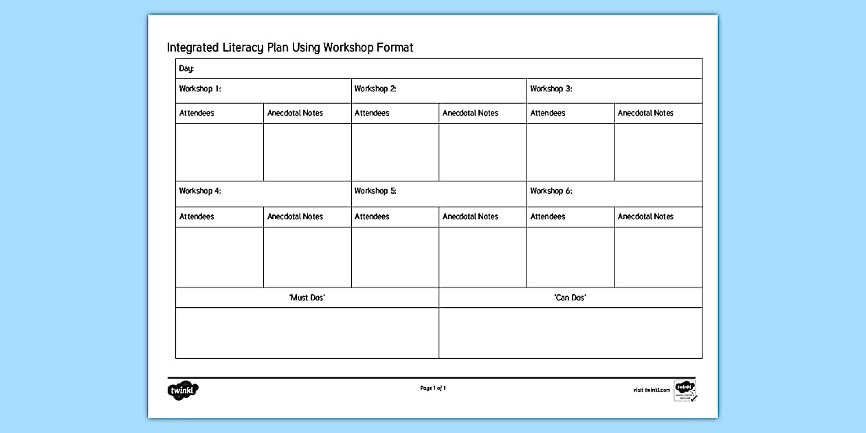Integrated Literacy Using Workshop Format Planning Template