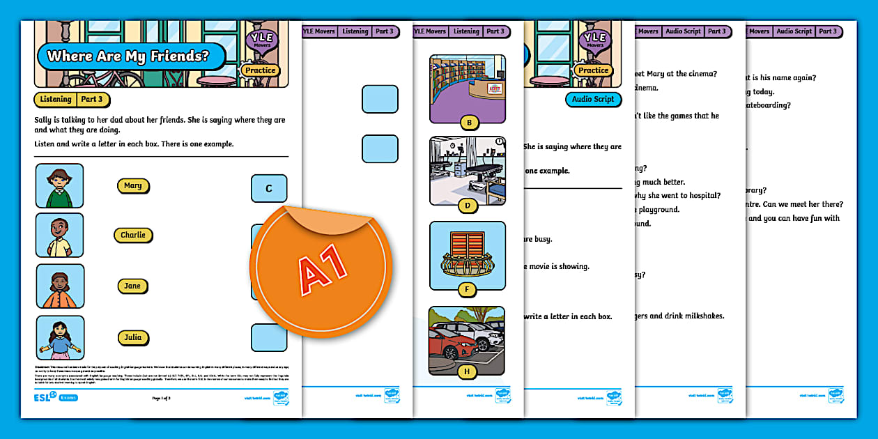 YLE Movers - Listening Part 3 - Practice Sheet (Where Are My Friends?) [A1]