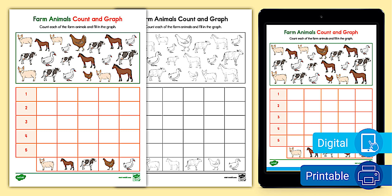Farm Animals Count and Graph 1-5 Worksheet for Kids | Twinkl USA