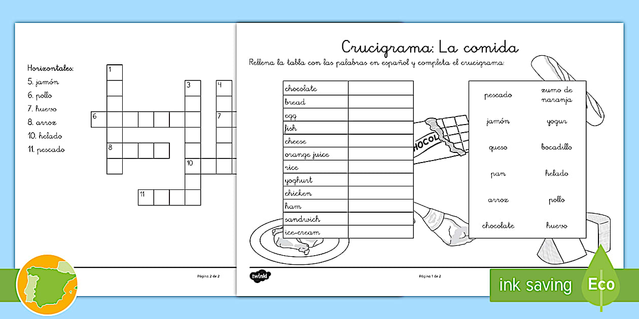 A1 Ficha de actividad: Crucigrama: La comida - Inglés - Inglés