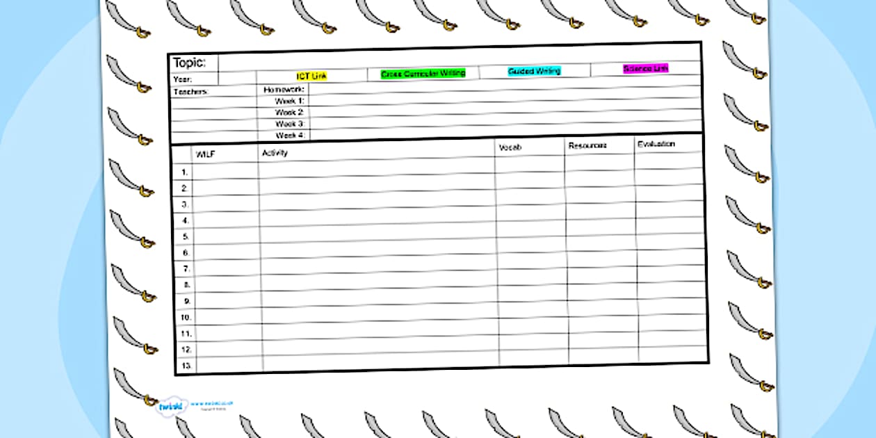 Pirates Themed Editable Mid Term Planning Template - lesson plans
