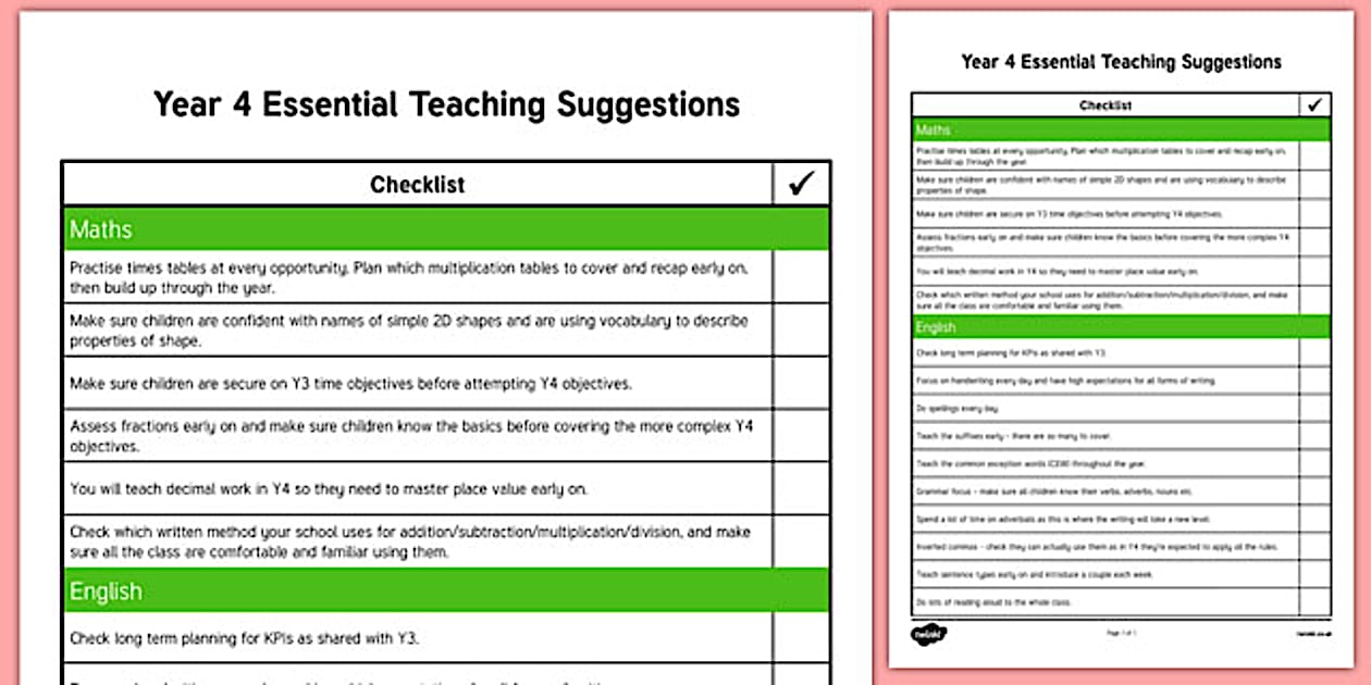 Year 4 Essential Teaching / Learning Checklist Resource