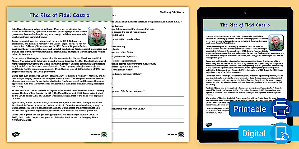 Sixth Grade The Rise of Fidel Castro Reading Comprehension