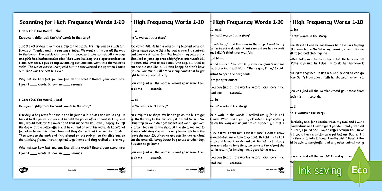 Scanning for high frequency words 1-10 Worksheets - Twinkl