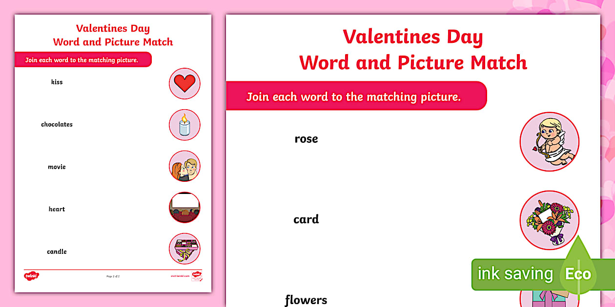 Valentines Day Word and Picture Matching Worksheet - valentines