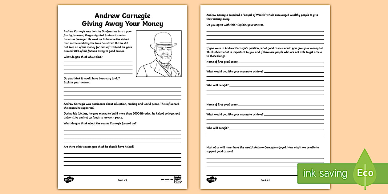 Andrew Carnegie - Giving Away Your Money Worksheet - Twinkl