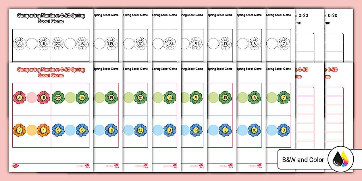 Kindergarten Comparing Numbers 0-20 Spring Scoot Game