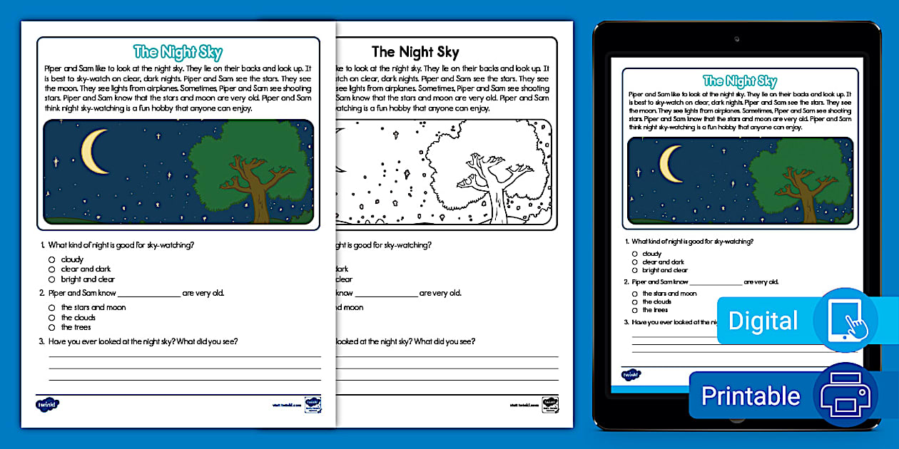 First Grade The Night Sky Reading Passage Worksheet - Twinkl
