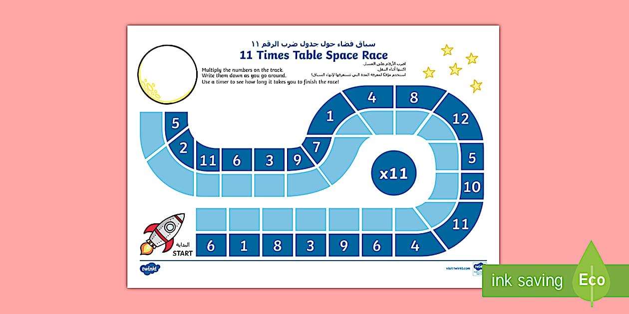 Eleven Times Table Space Race Worksheet Worksheet - Arabic/English