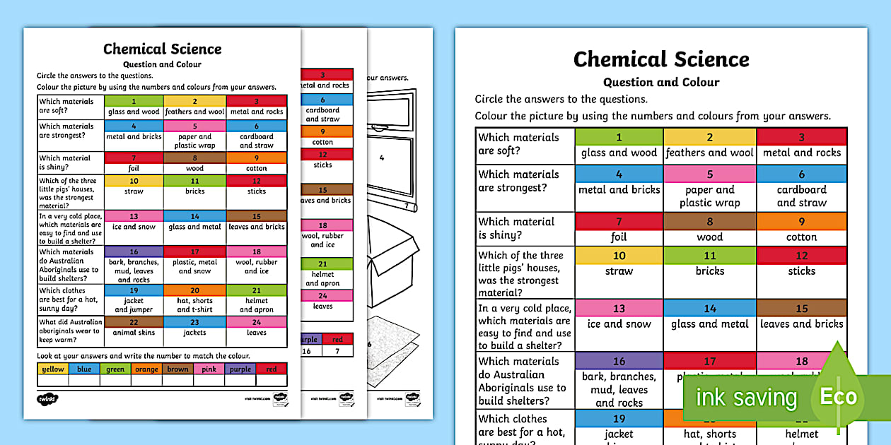 TAS Chemical Science Questions and Colouring Worksheets