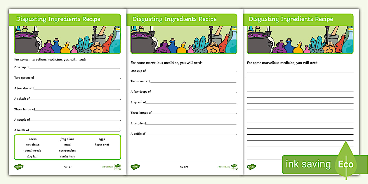 Disgusting Ingredients Recipe Template (teacher made)