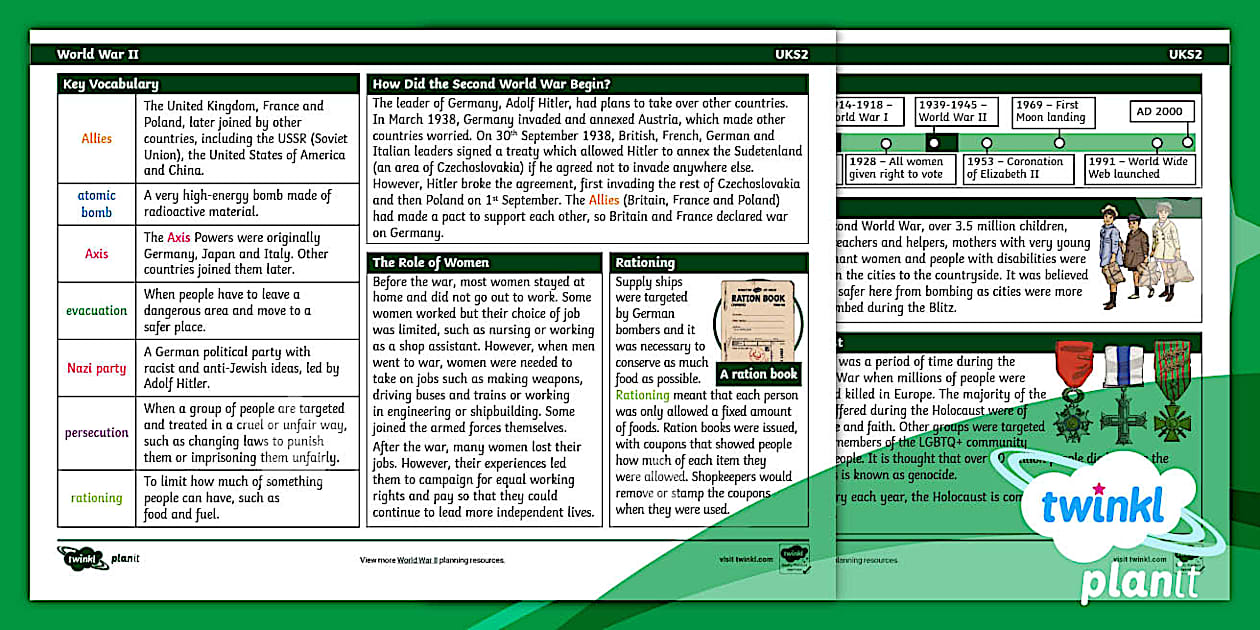 History Knowledge Organiser: World War II UKS2 - Twinkl
