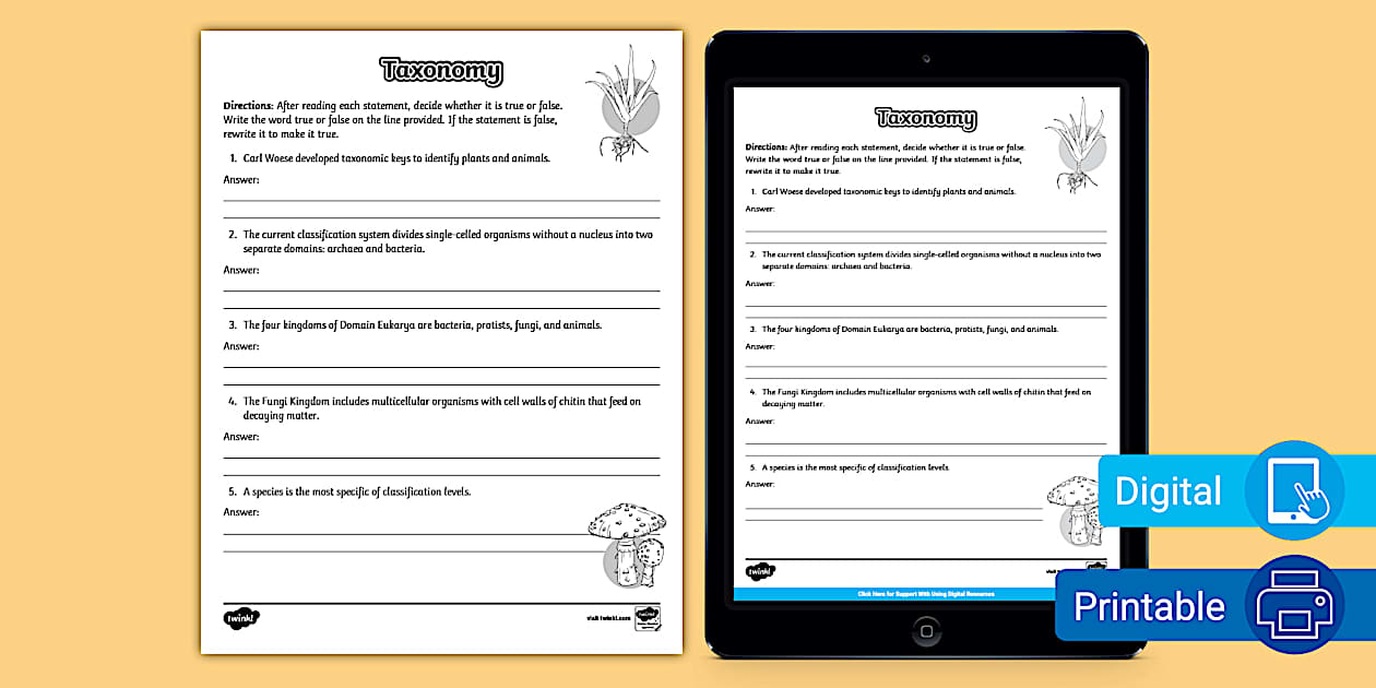 Sixth Grade Taxonomy True or False Assessment (teacher made)