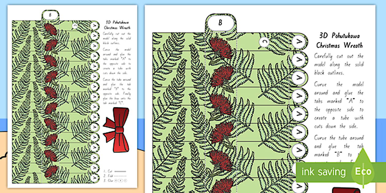 3D Pōhutukawa Christmas Wreath NZ Display Cut-Outs - Twinkl