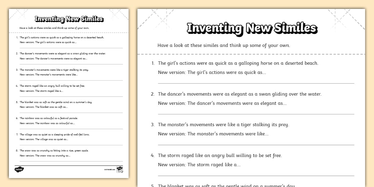 KS2 Inventing New Similes Worksheet (teacher made) - Twinkl