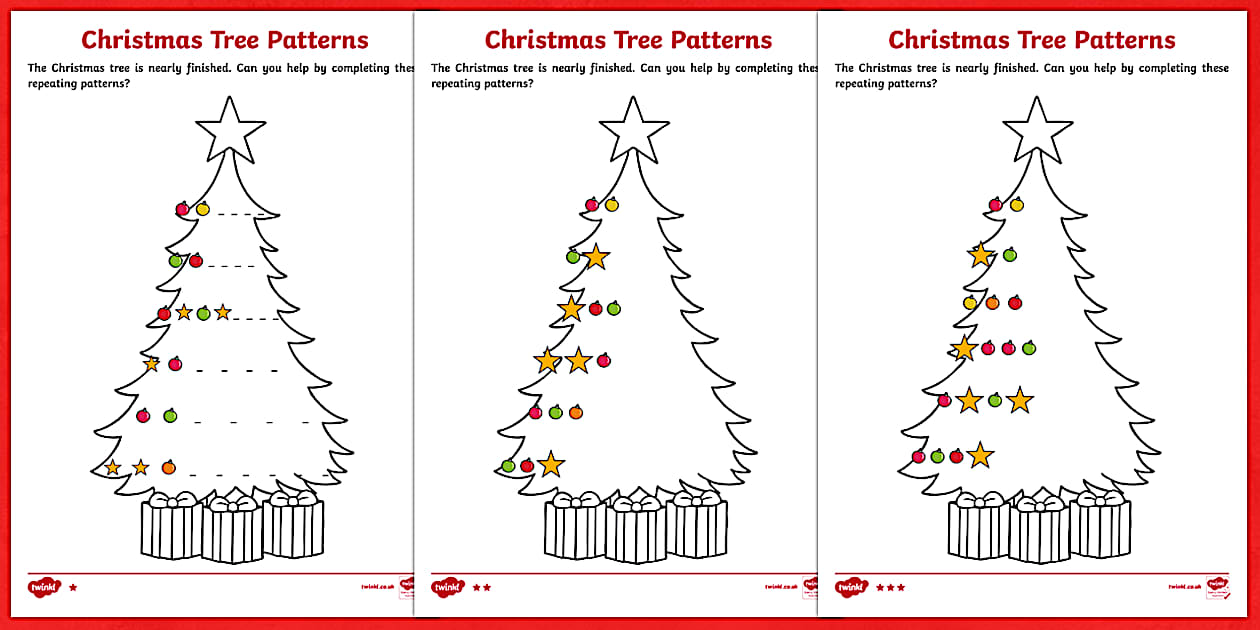 Higher Ability Christmas Tree Differentiated Complete the Pattern Worksheet