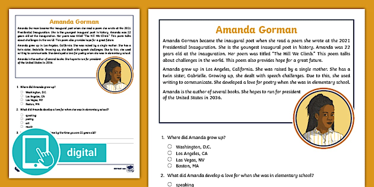 Third Grade Amanda Gorman Reading Passage (teacher made)