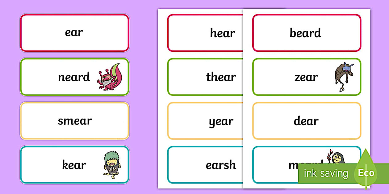 Cursive Phase 3 'ear' Flashcards: Real and Nonsense Word Cards