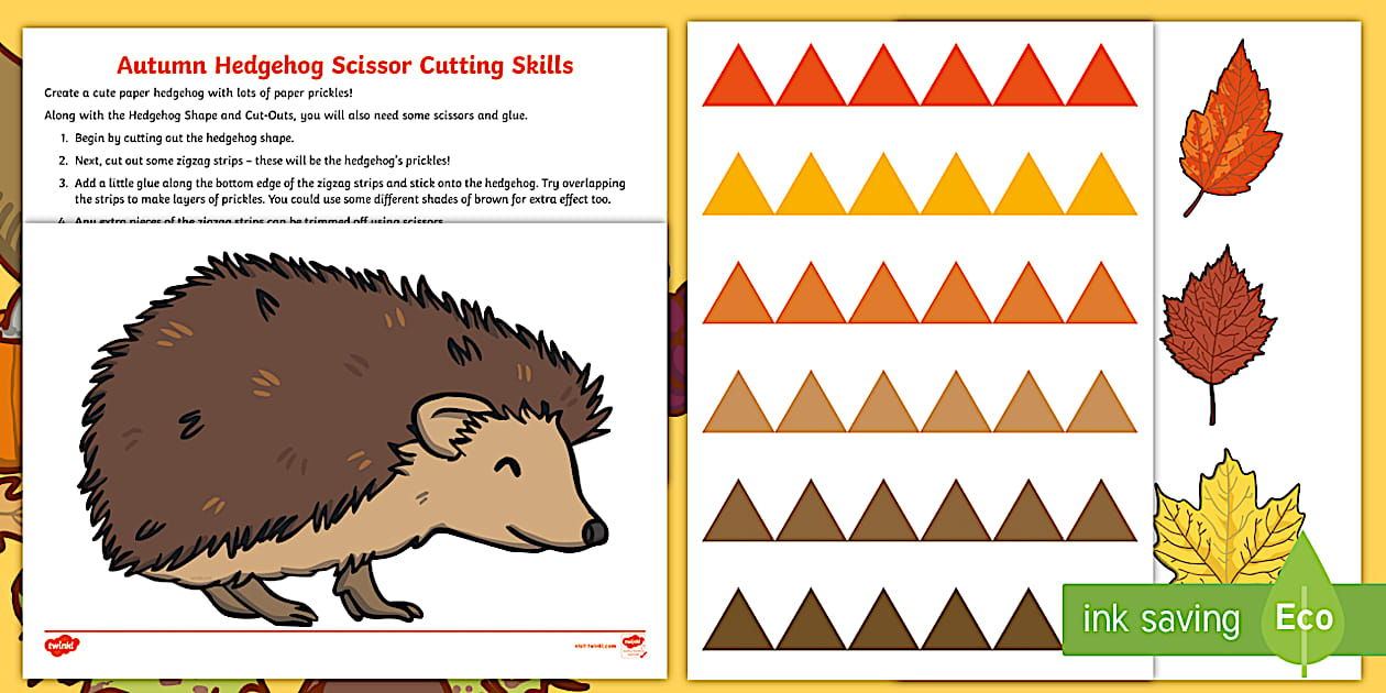 Autumn Hedgehog Scissor Cutting Skills Worksheet - Twinkl