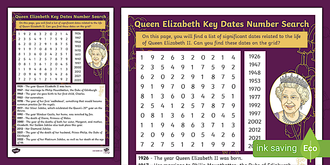 Queen Elizabeth II Key Dates Number Search | Twinkl - Twinkl