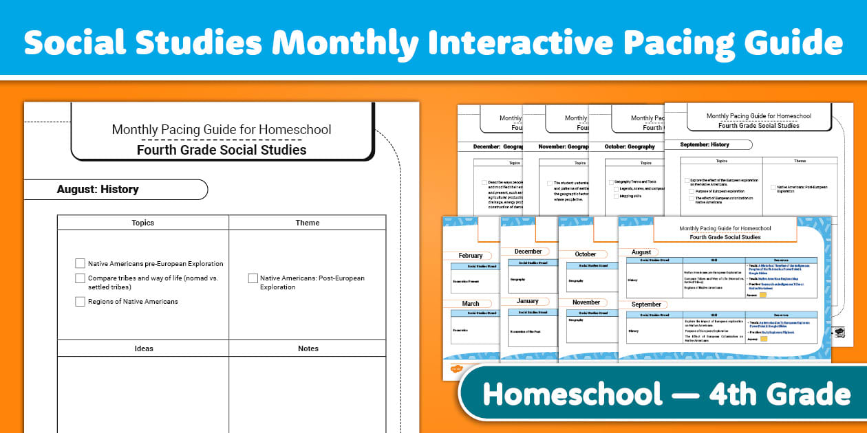 Monthly Pacing Guide for Homeschool Fourth Social Studies