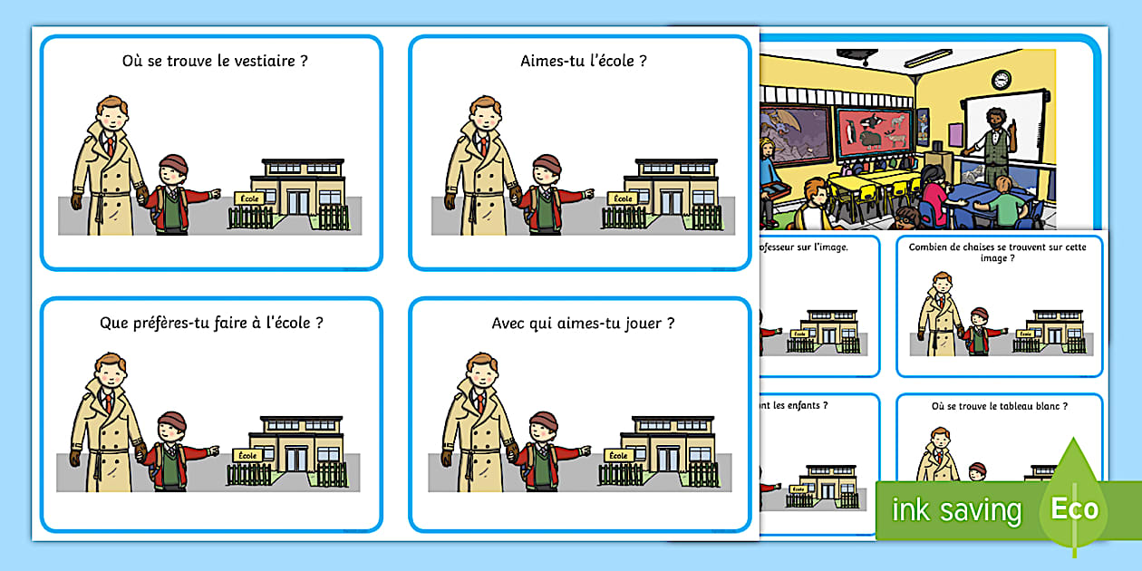 Cartes pour jeu de questions : Scènes à l'école