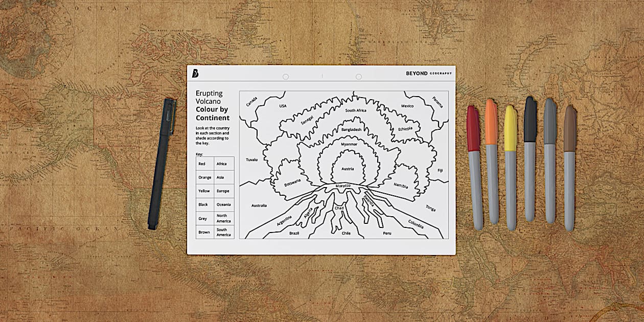 KS3 Erupting Volcano: Colour by Continent Activity - Twinkl