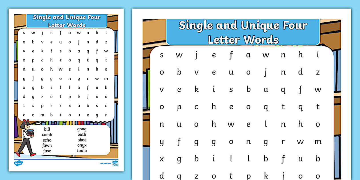 Single and Unique Four Letter Words Word Search - Twinkl