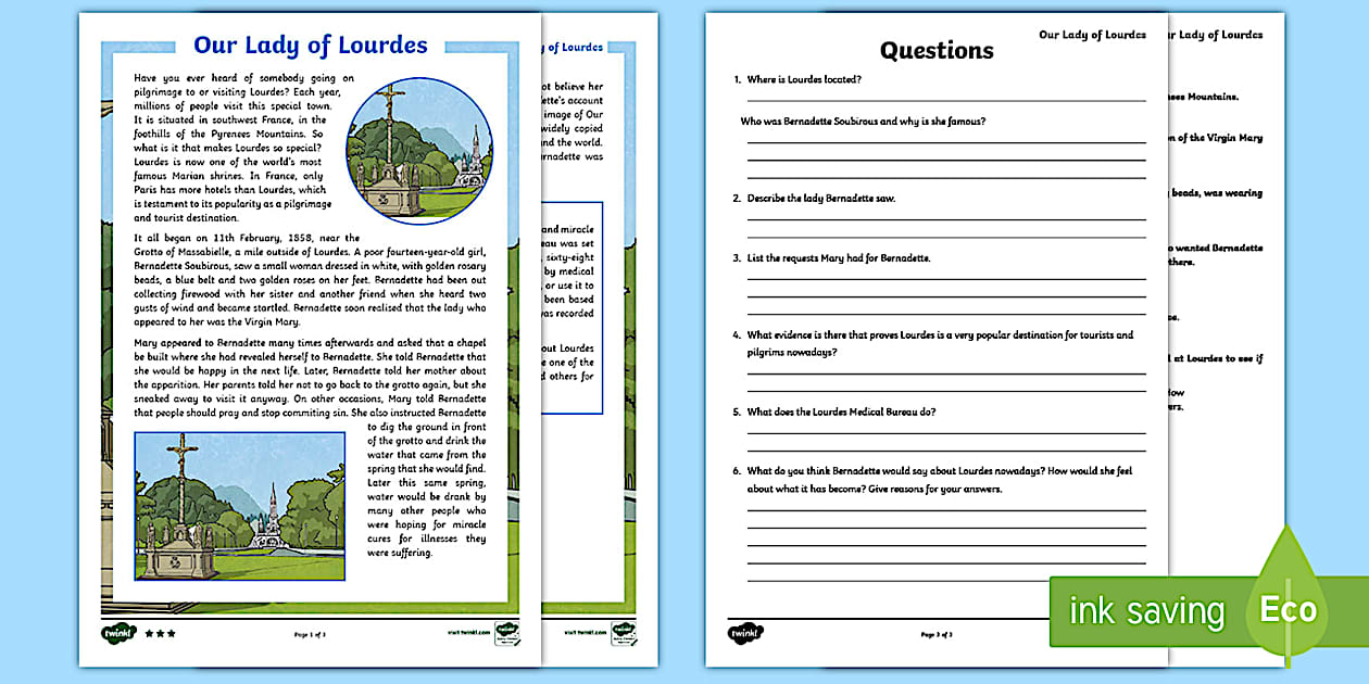 Our Lady of Lourdes Differentiated Reading Comprehension Activity-Irish