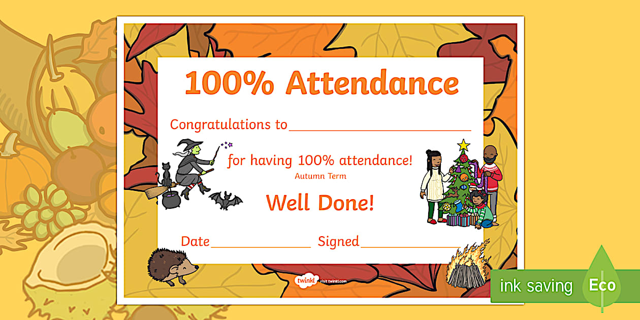 Editable Autumn Term Themed 100% Attendance Certificate