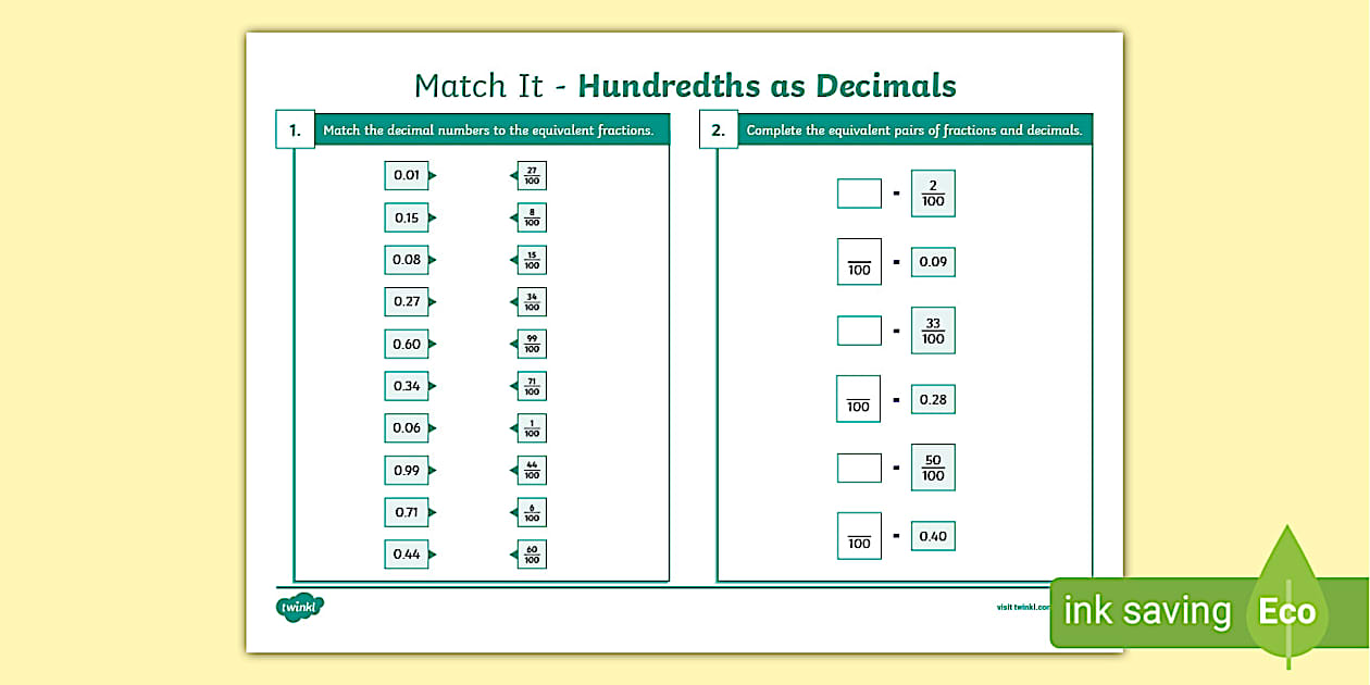 👉 Hundredths as Decimals Activity Sheet (teacher made)