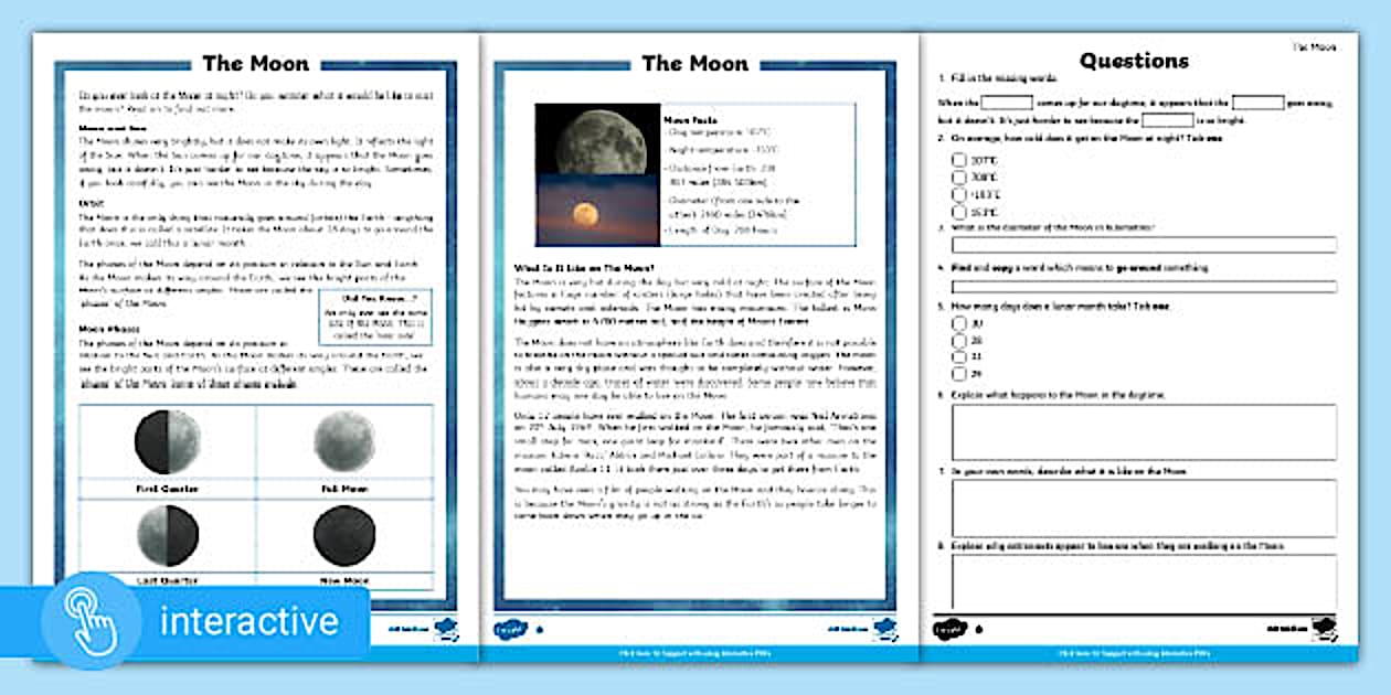 Interactive PDF: Year 5 The Moon Differentiated Reading Comprehension ...