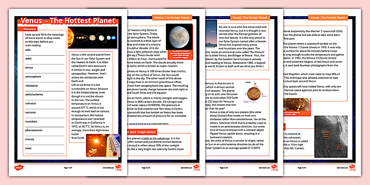 Venus - The Hottest Planet Reading Comprehension (Phase 3)