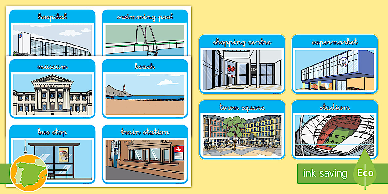 A2 Tarjetas educativas: Lugares de la ciudad en inglés
