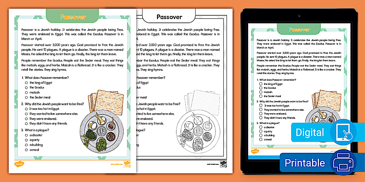 First Grade Passover Reading Passage Comprehension Worksheet