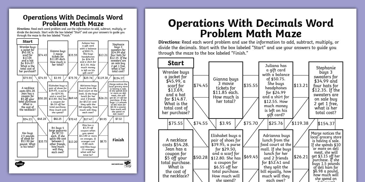Sixth Grade Operations With Decimals Word Problem Math Maze